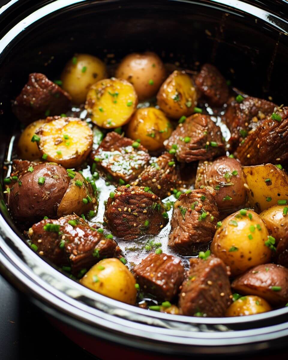 Slow Cooker Garlic Butter Beef Bites & Potatoes